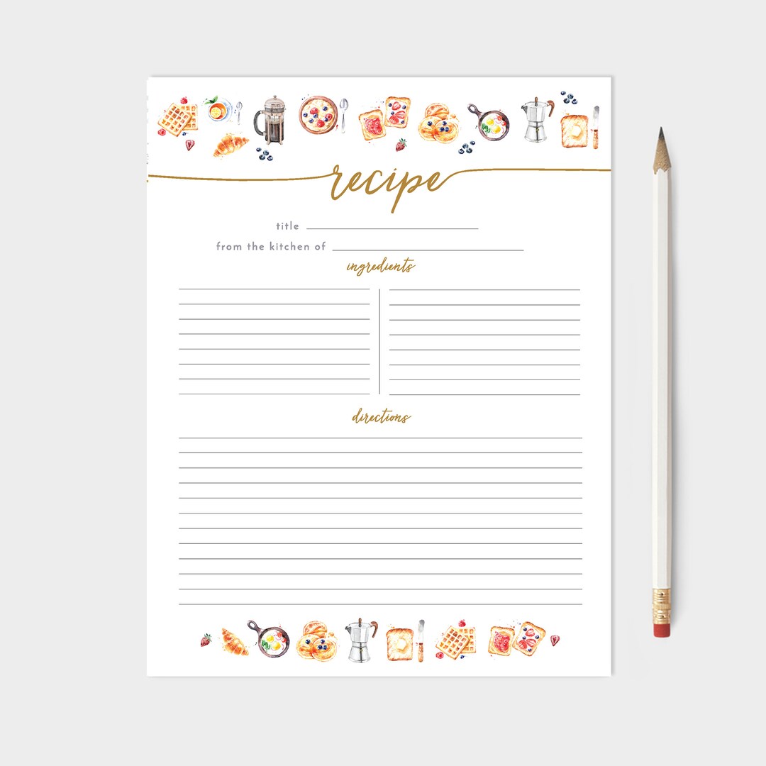 Large 8.5x11 Watercolor Recipe Cards Breakfast Theme Kitchen Watercolor ...