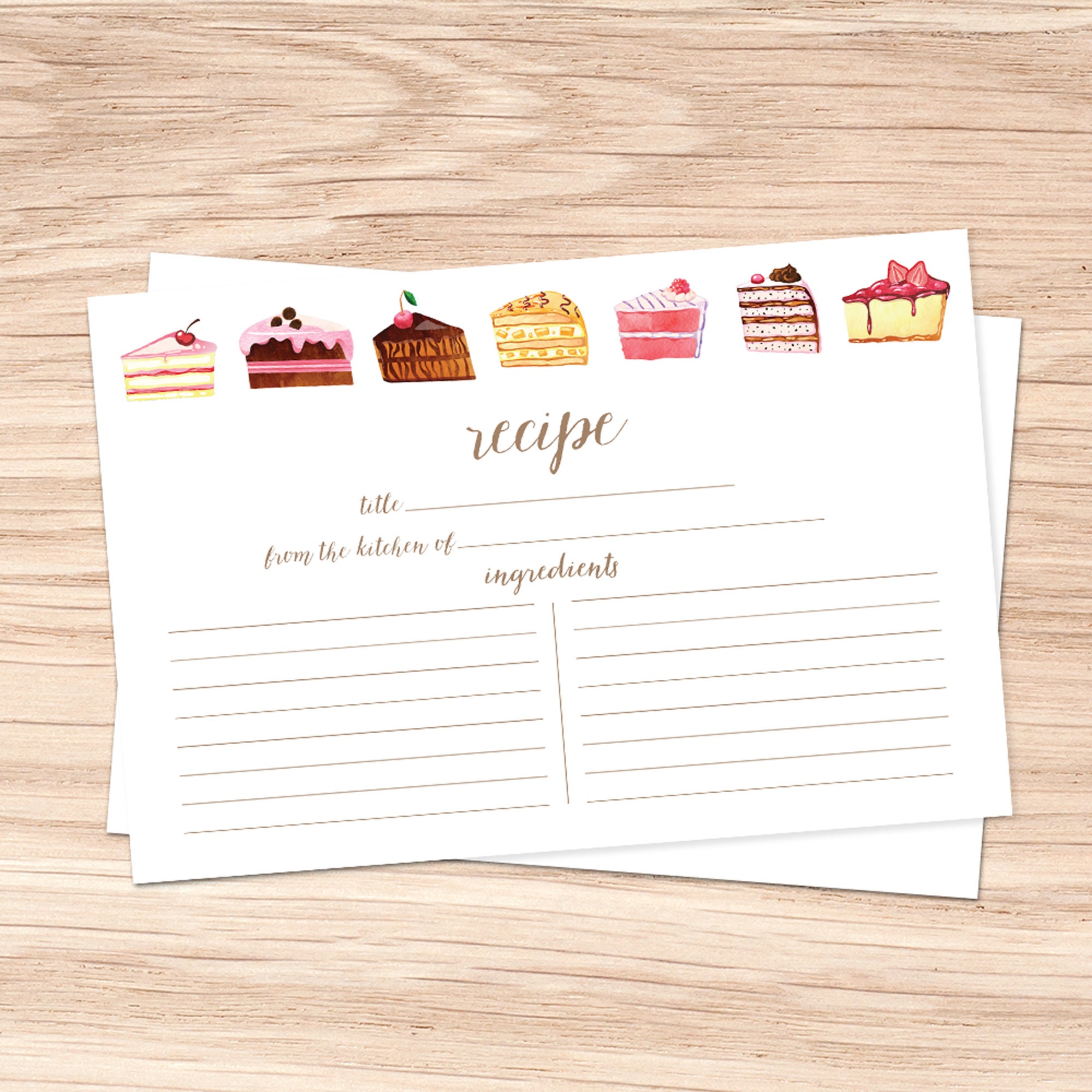 Watercolor Recipe Cards Set of 15 30 or 50 Dessert Cakes | Etsy