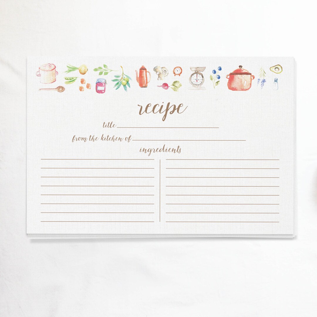 Watercolor Recipe Cards - Set of 15, 30, or 50 - Red Pots -kitchen ...