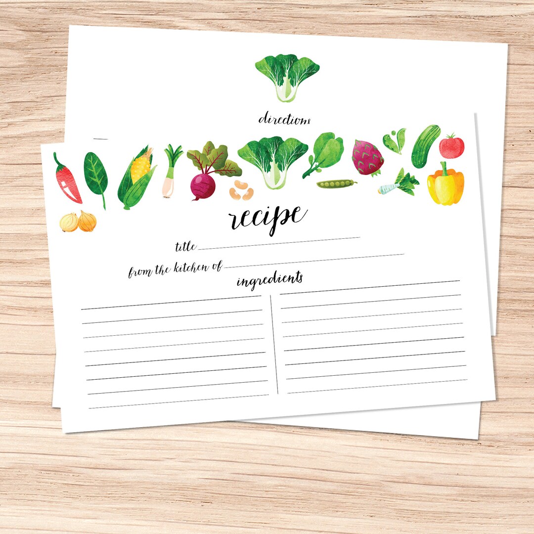 Watercolor Recipe Cards Set of 15, 30, or 50 Vegetable Theme Napa ...