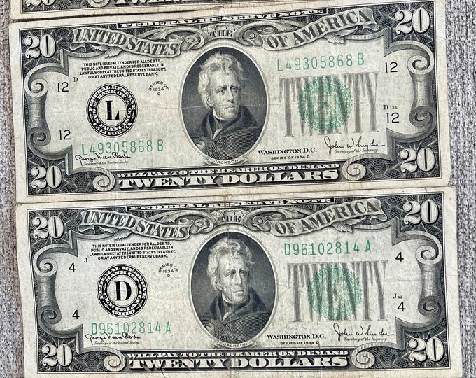 4 Bank Notes 20 Dollars 1934 D Circulated - Etsy