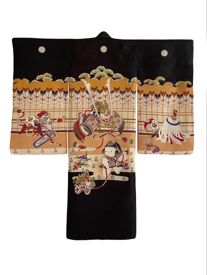Vintage Japanese Boy's Miyamairi Ceremonial Kimono Wall Art Black and ...