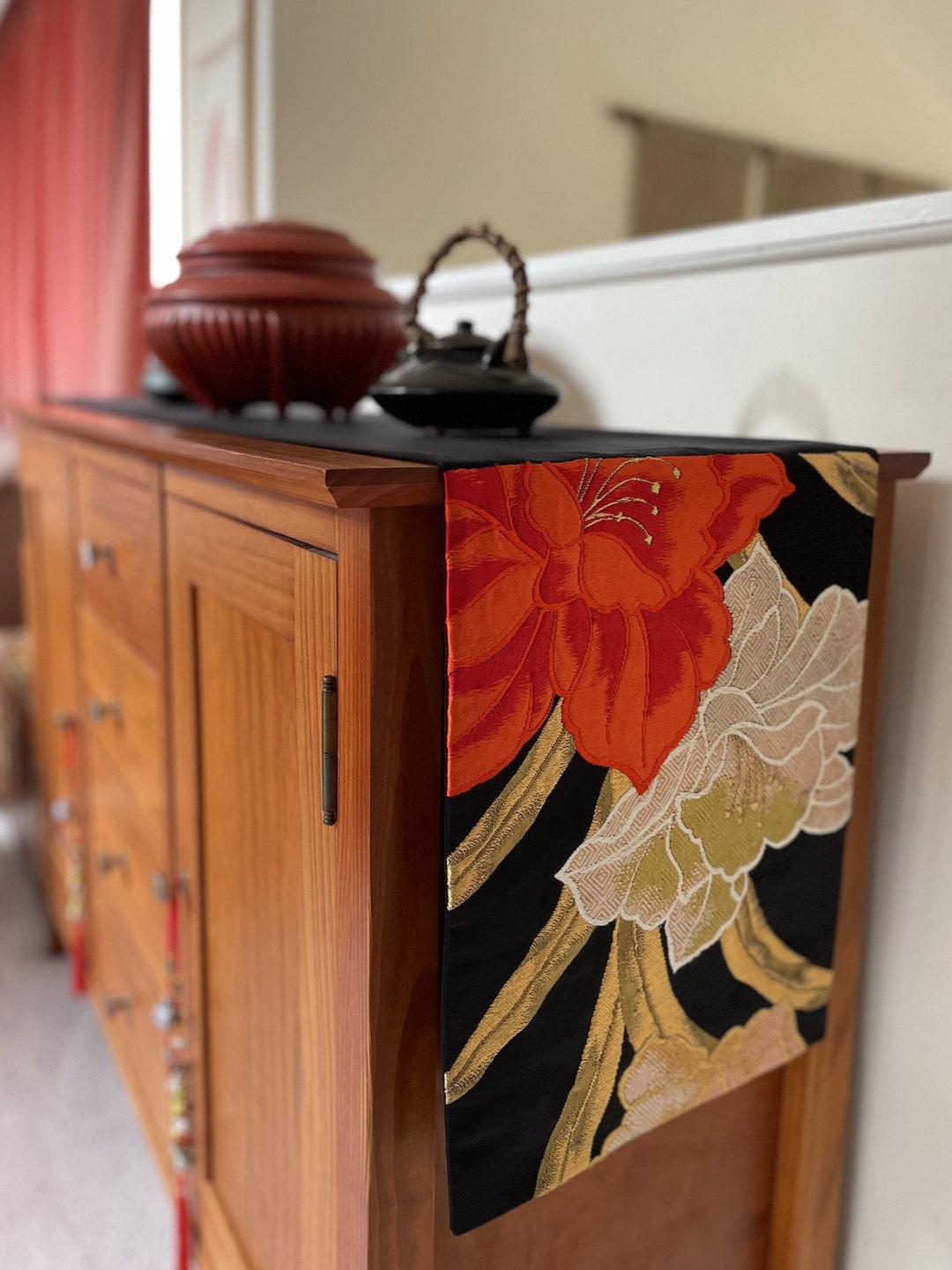 Japanese Obi Table Runner Black and Gold With Lilies 200cm X 30cm - Etsy