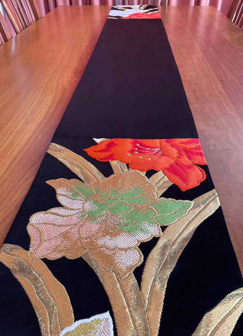Japanese Obi Table Runner Black and Gold With Lilies 200cm X 30cm - Etsy