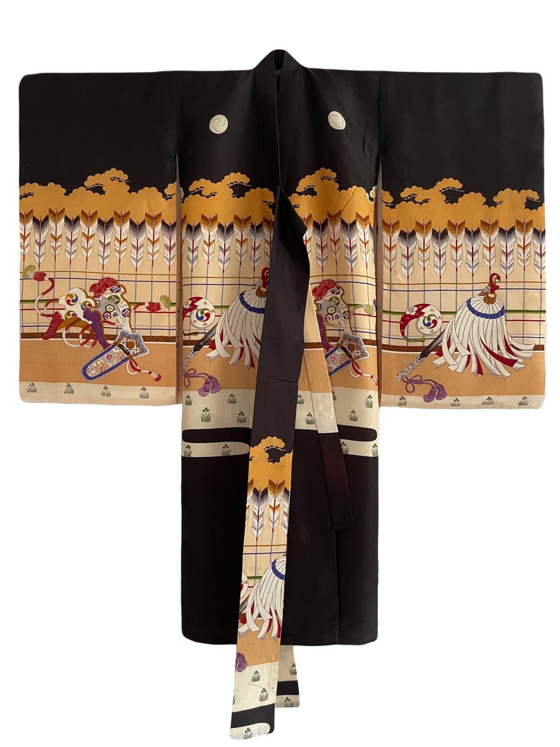 Vintage Japanese Boy's Miyamairi Ceremonial Kimono Wall Art Black and ...