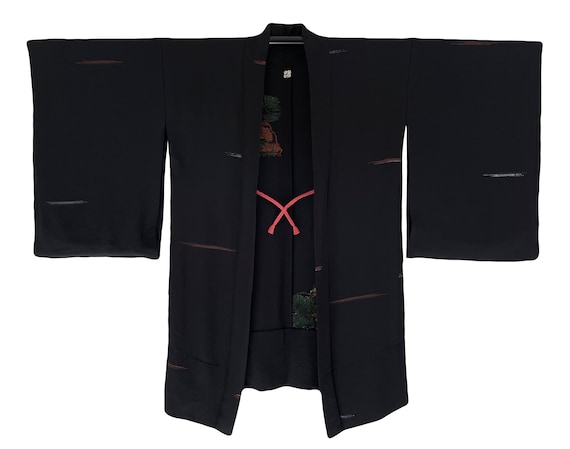 Vintage Japanese Haori Kimono Jacket - Black with Flo… - Gem