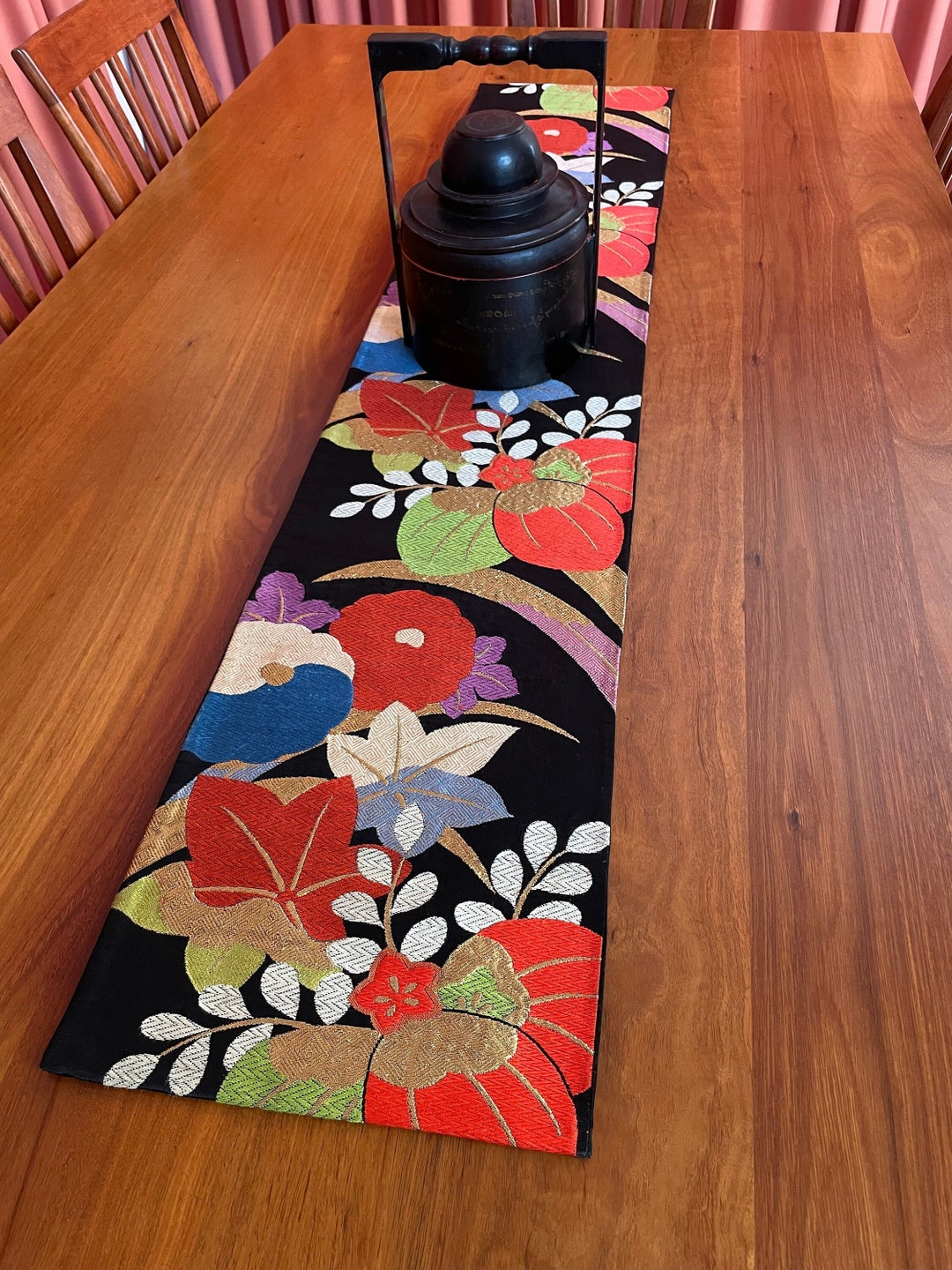 Japanese Obi Table Runner Black and Gold With Camelias and Maple Leaves ...
