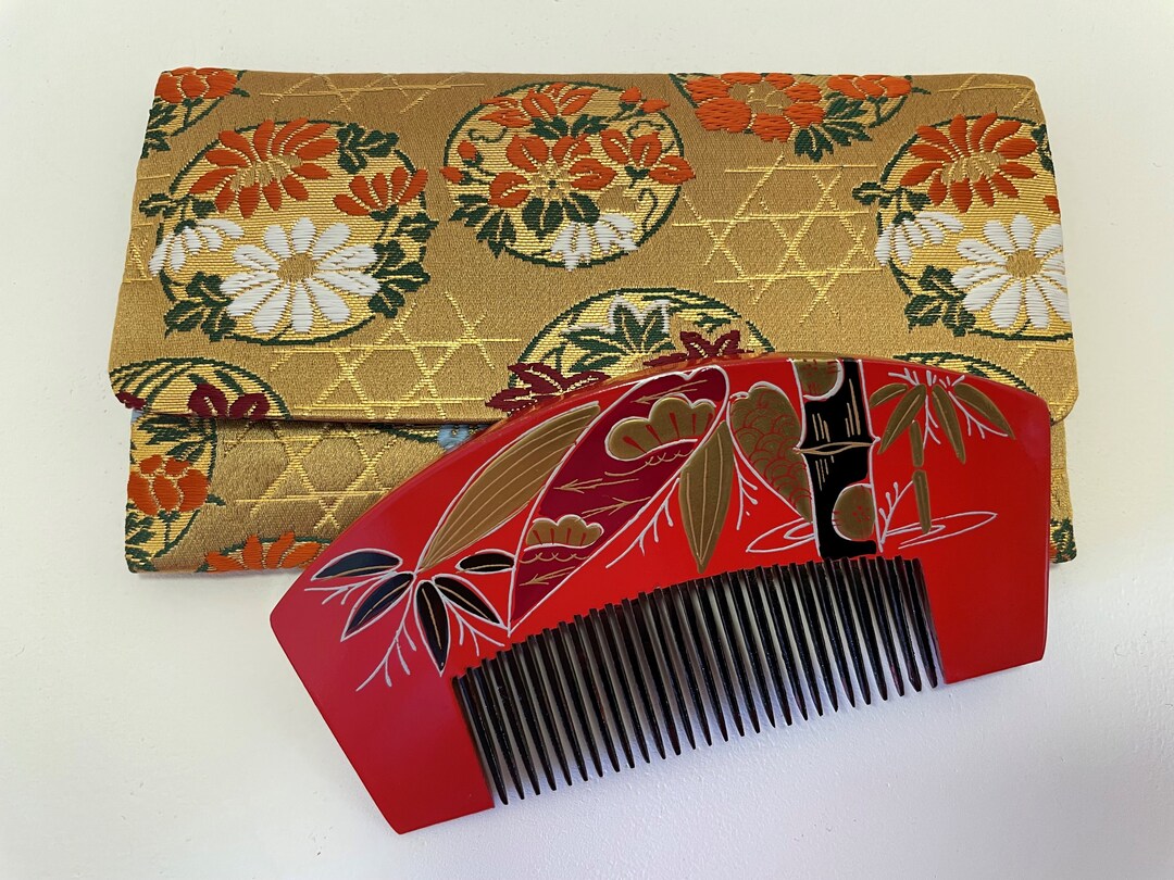 Vintage Japanese Lacquer Hair Comb (kushi) and Fukusa-basami Wallet Set ...