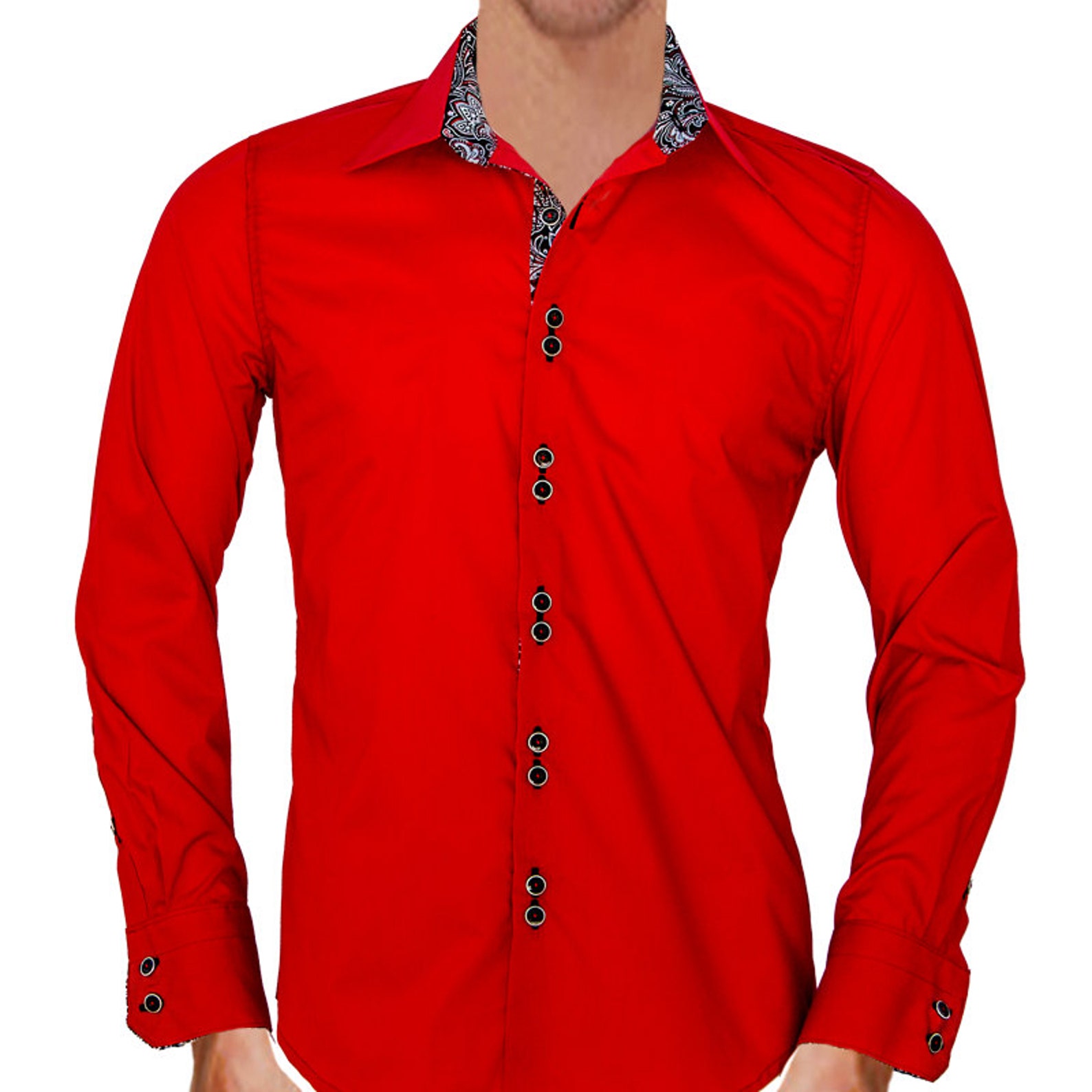 Bright Red W/ Black Paisley Men's Designer Dress Shirt - Made to Order ...
