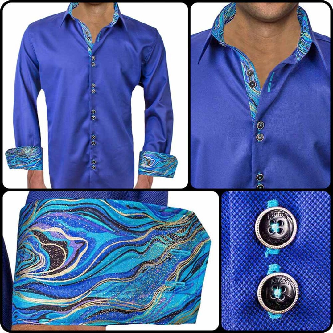 Navy Blue With Metallic Swirls Men's Designer Dress Shirt - Made to ...