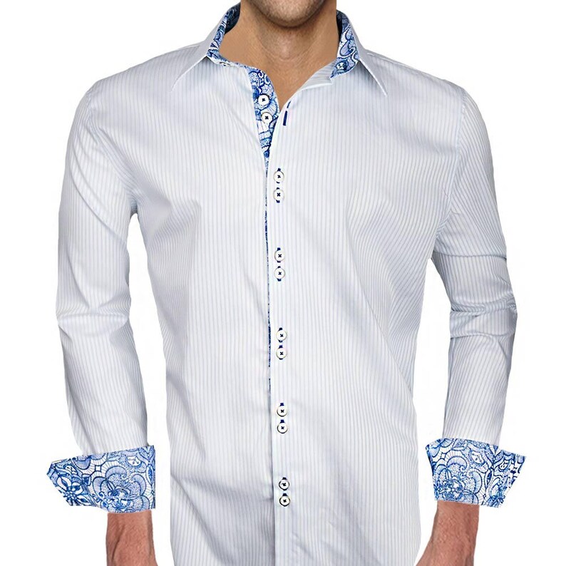 White With Blue Metallic Accent Men's Designer Dress Shirt | Etsy
