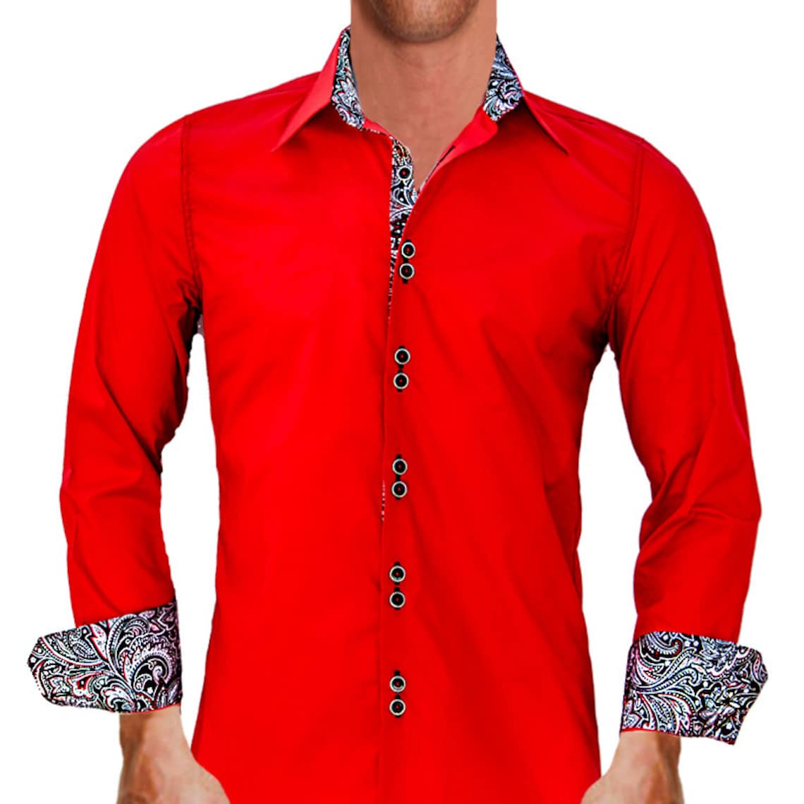 Bright Red W/ Black Paisley Men's Designer Dress Shirt - Made to Order ...