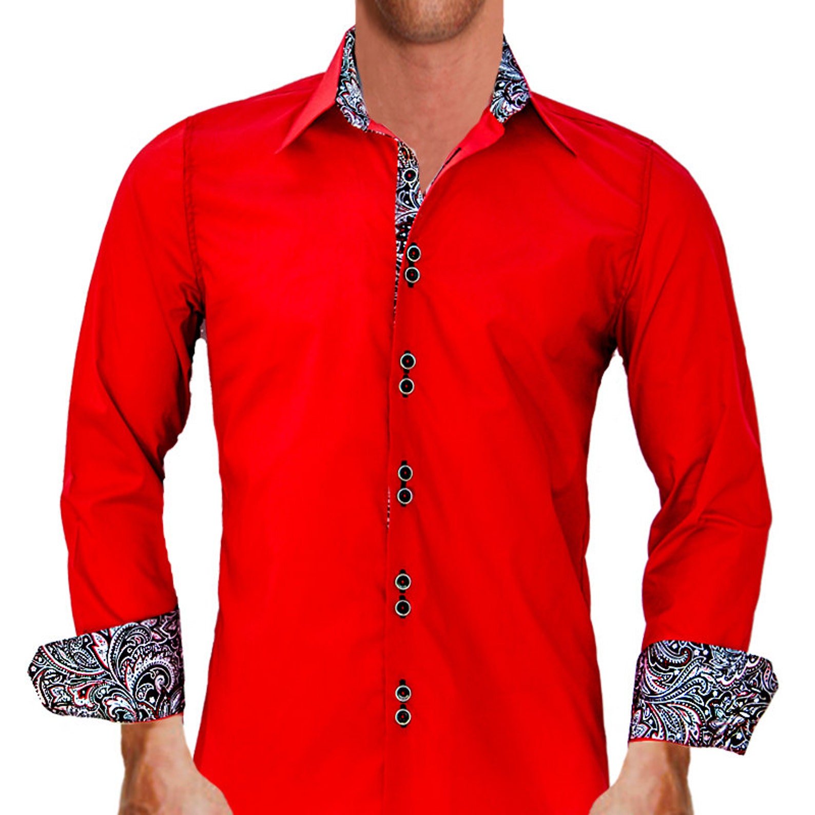 Bright Red W/ Black Paisley Men's Designer Dress Shirt - Made to Order ...