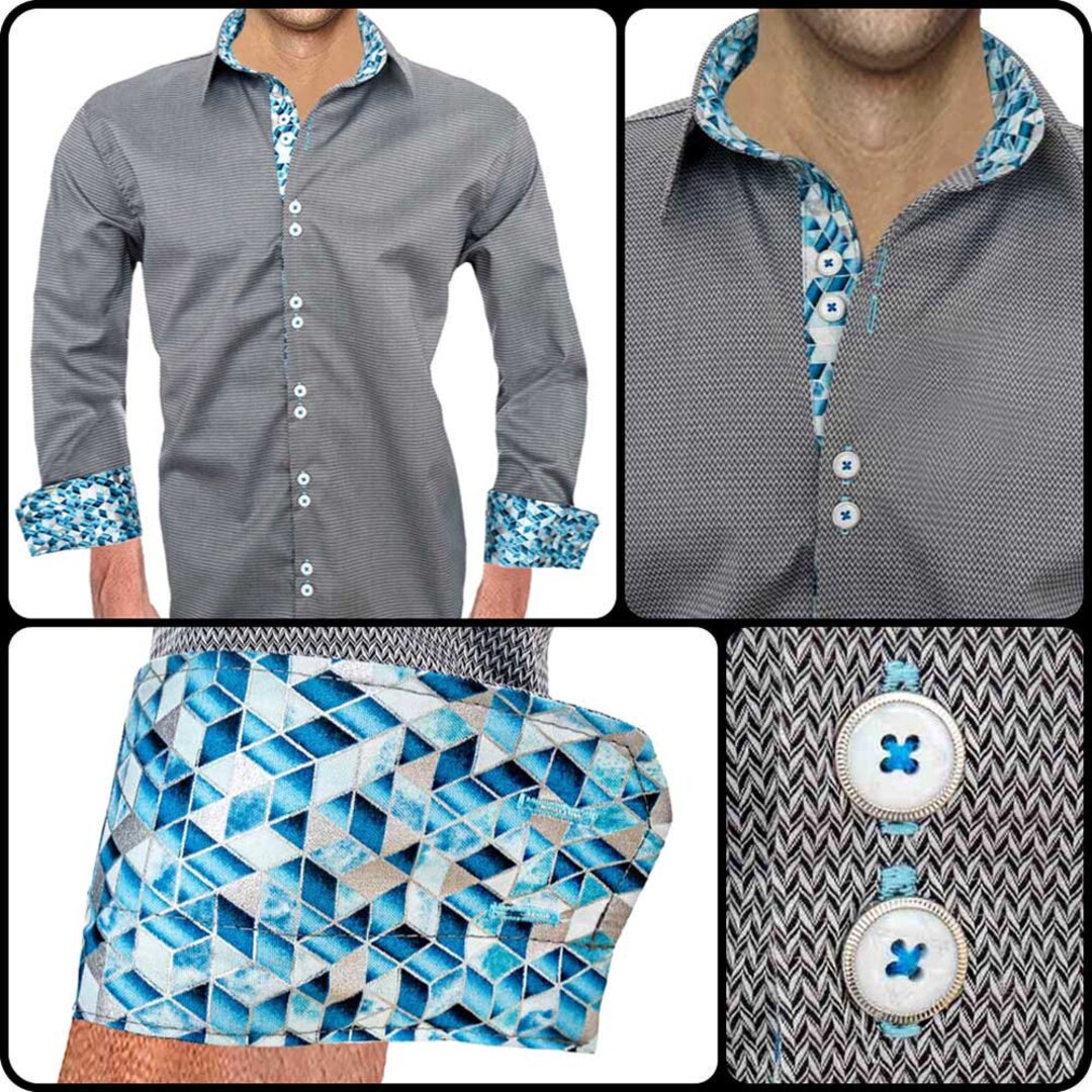 Grey With Blue Metallic Dress Shirt - Made to Order in USA - Etsy