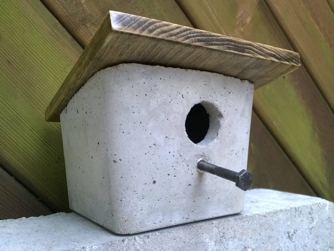 Concrete Bird House - Front Slant Wood Roof With Bolted Perch | Garden ...