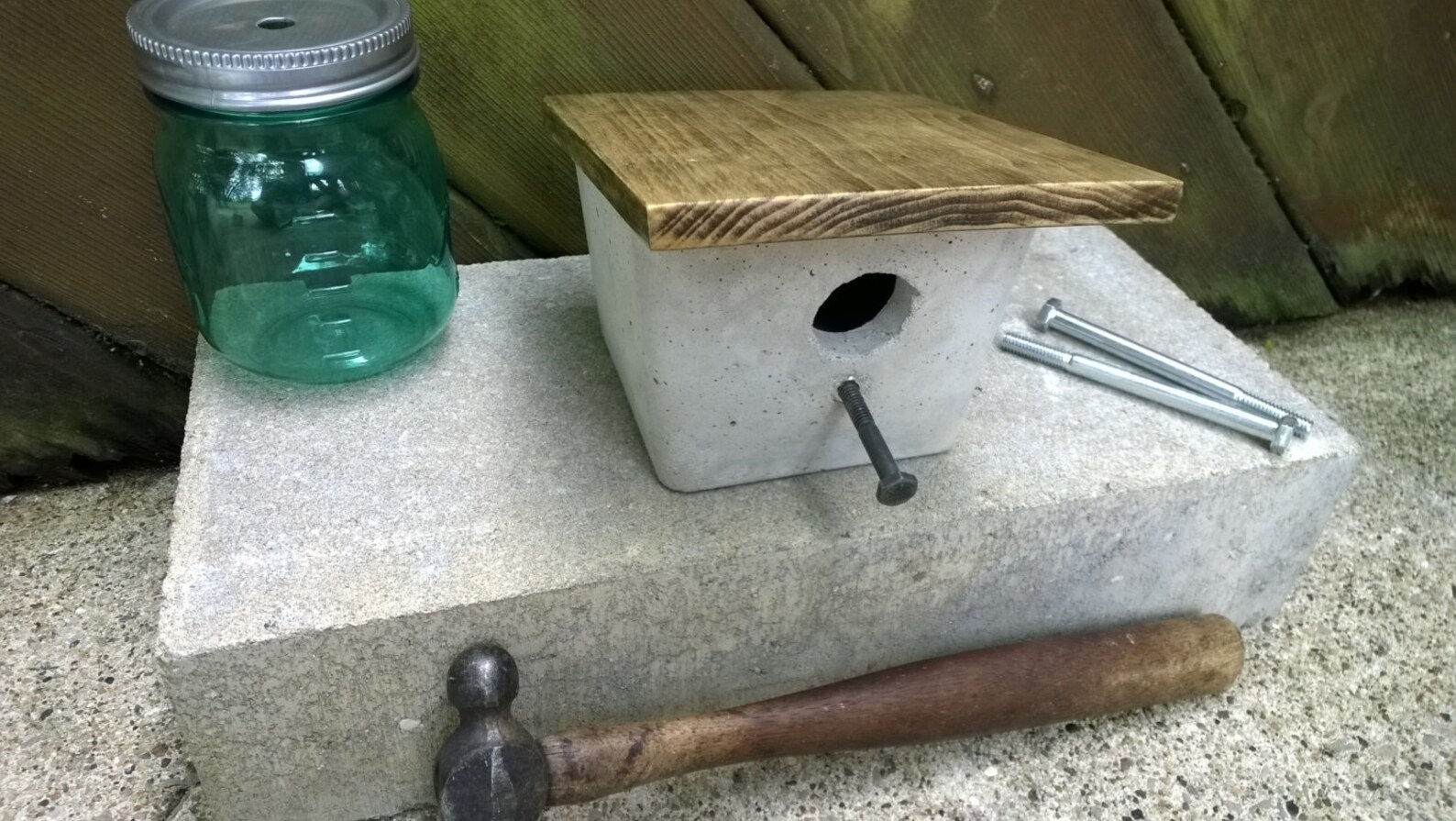 Concrete Bird House - Front Slant Wood Roof With Bolted Perch | Garden ...