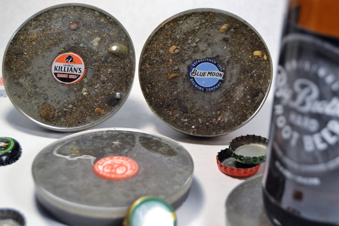 Resin Glazed Beer Cap Concrete Coasters | Beer Coasters | Bar and Patio ...