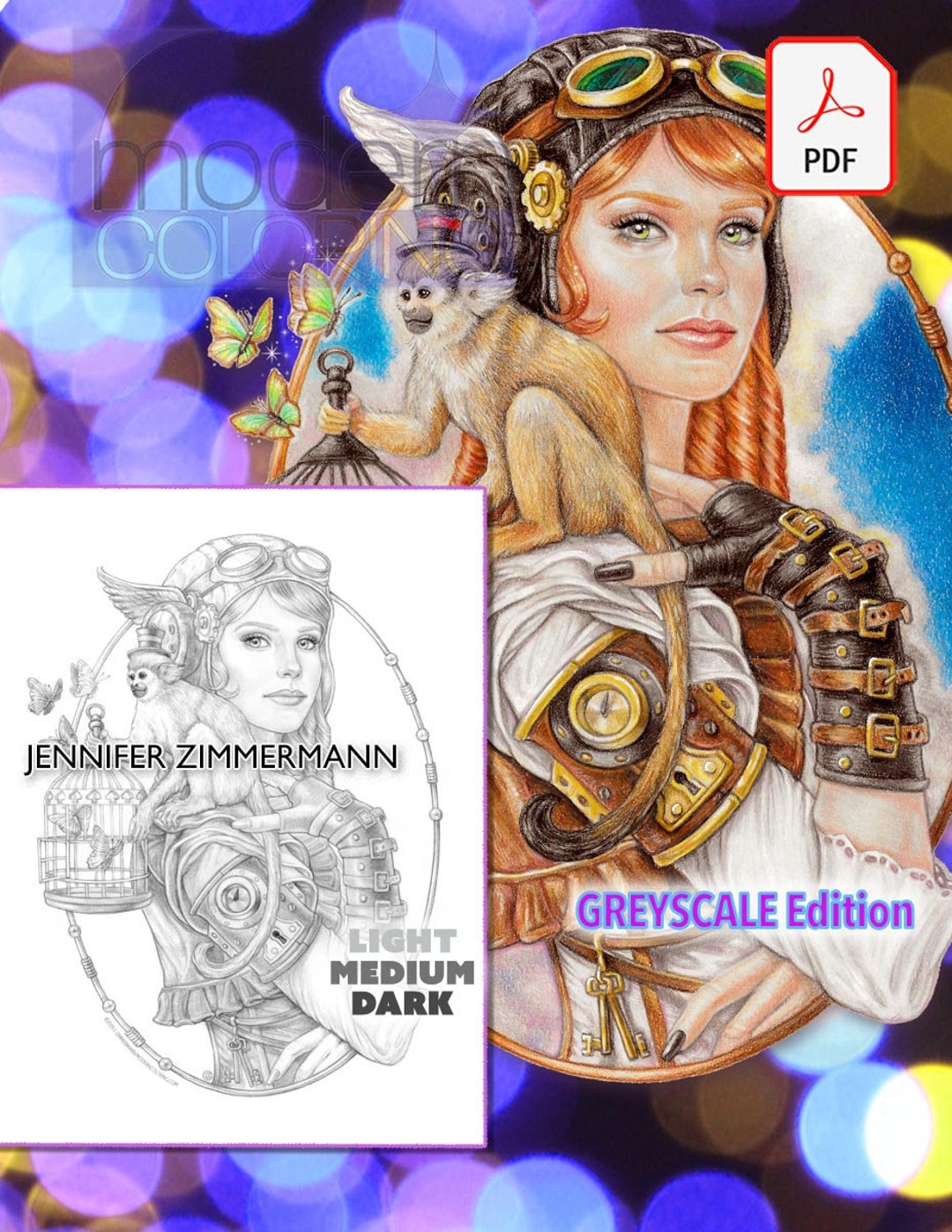 Aviatrix, Steampunk, Grayscale, Greyscale Coloring Page, Portrait ...
