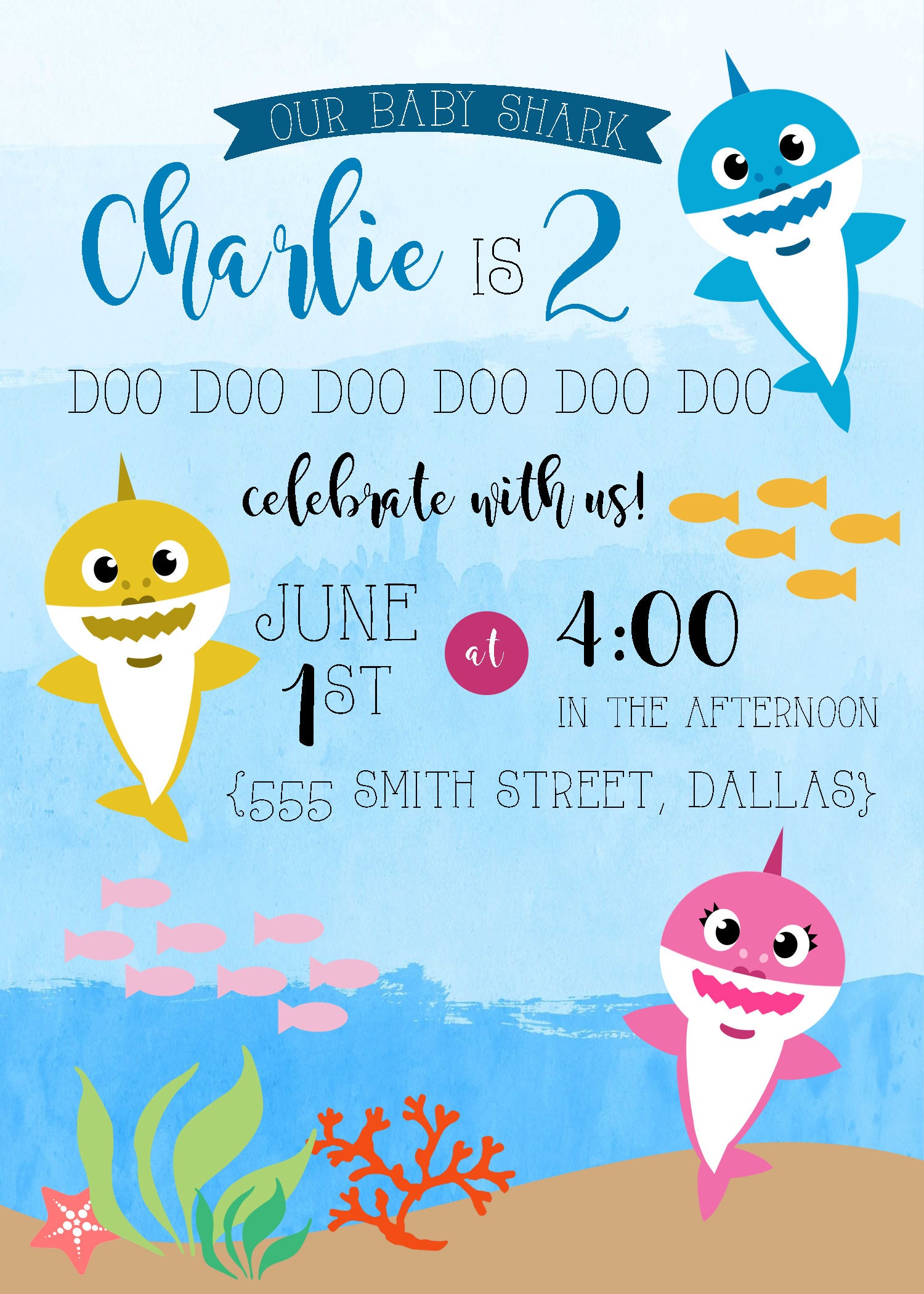 Baby Shark Doo Doo Doo Doo Doo Doo Birthday Party Invitation | Girl ...