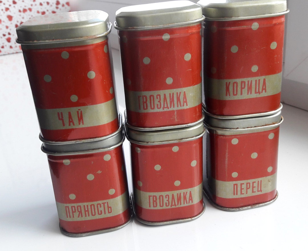 Vintage Kitchen Containers, Estonian Metal Tin Boxes, Set of 6 Small ...