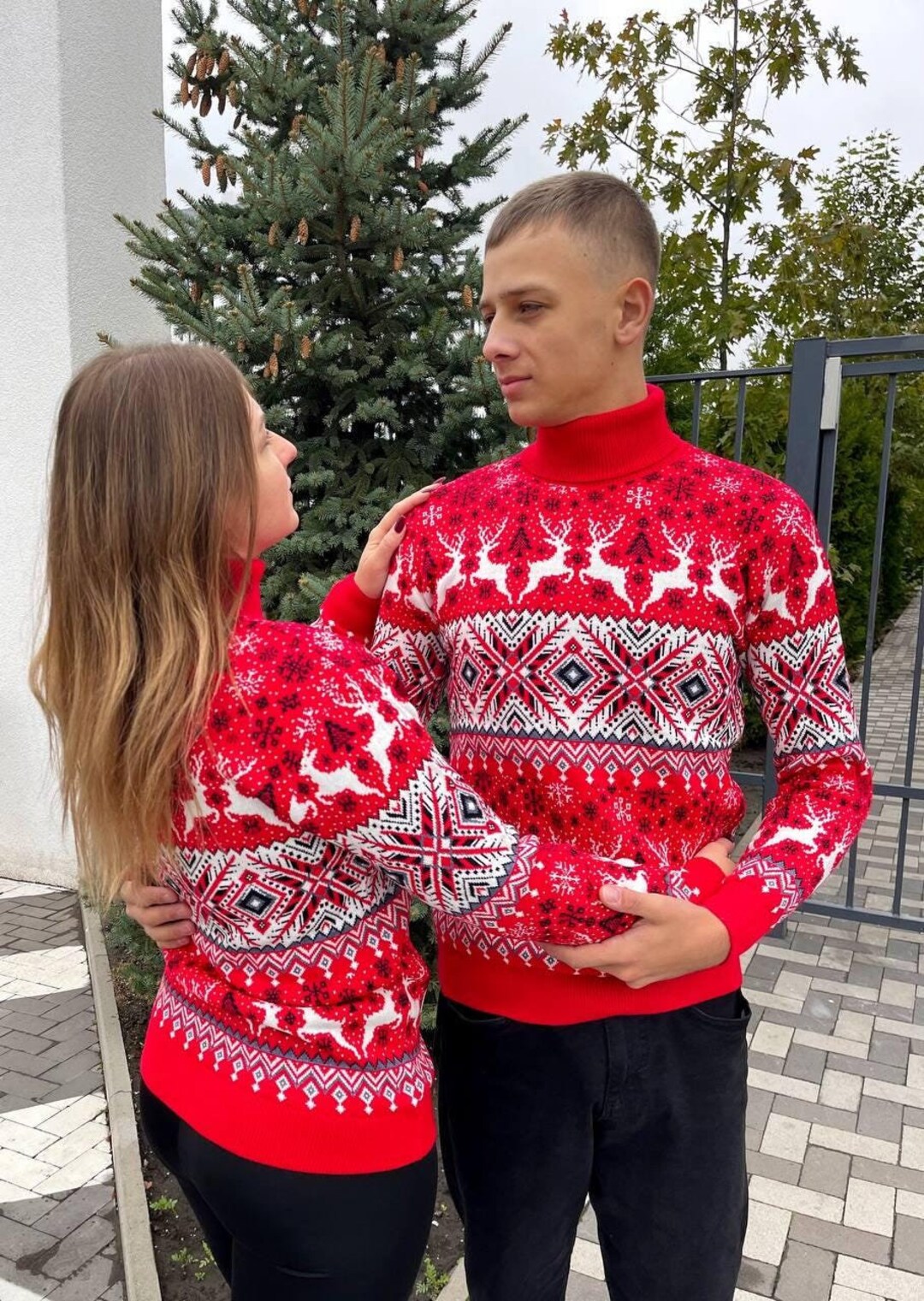 Cozy Red Matching Couple Sweaters, Fun Deer Ugly Christmas Jumpers ...