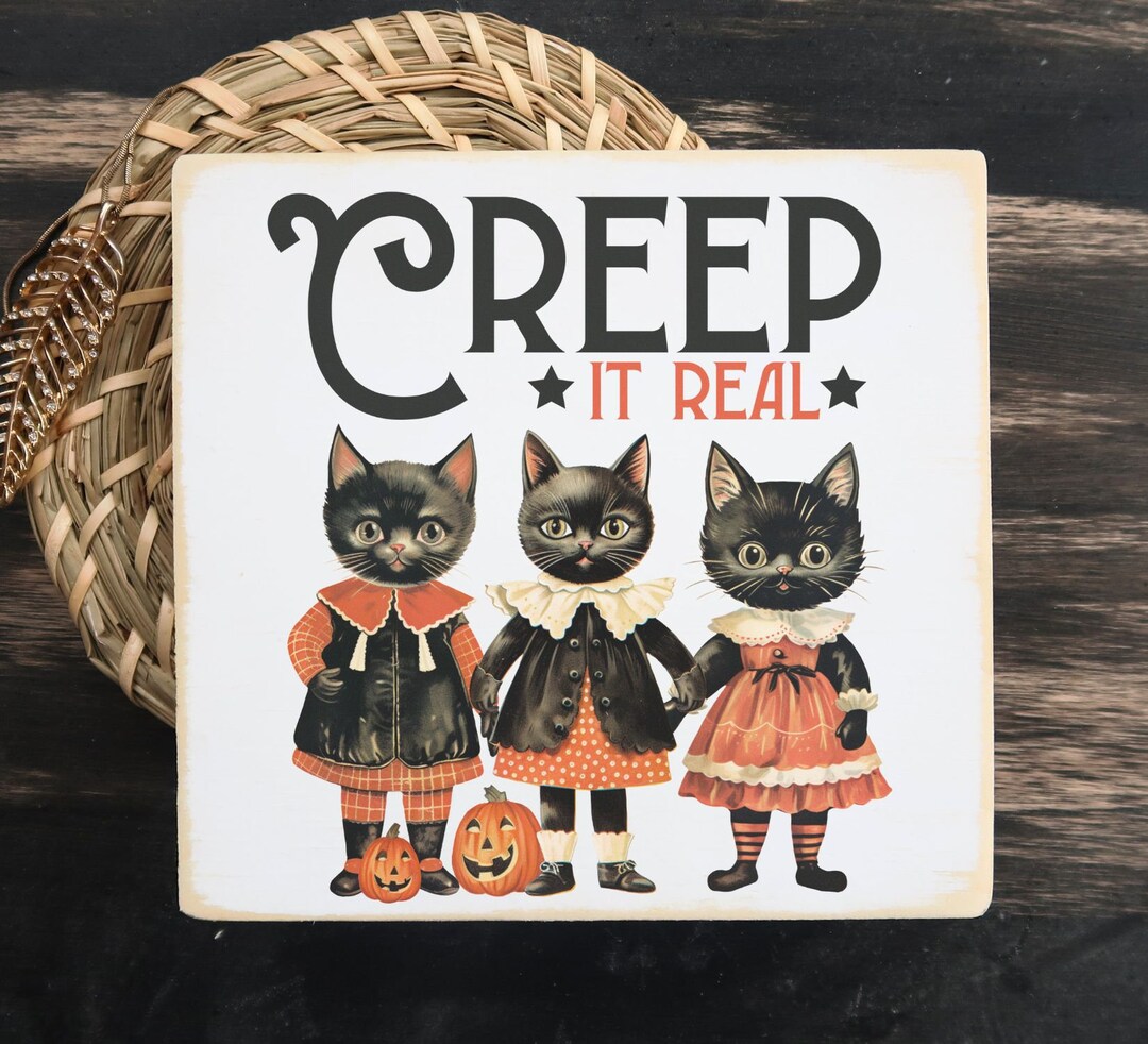 Vintage Style Halloween Wood Sign / Creep It Real / Black Cat - Etsy