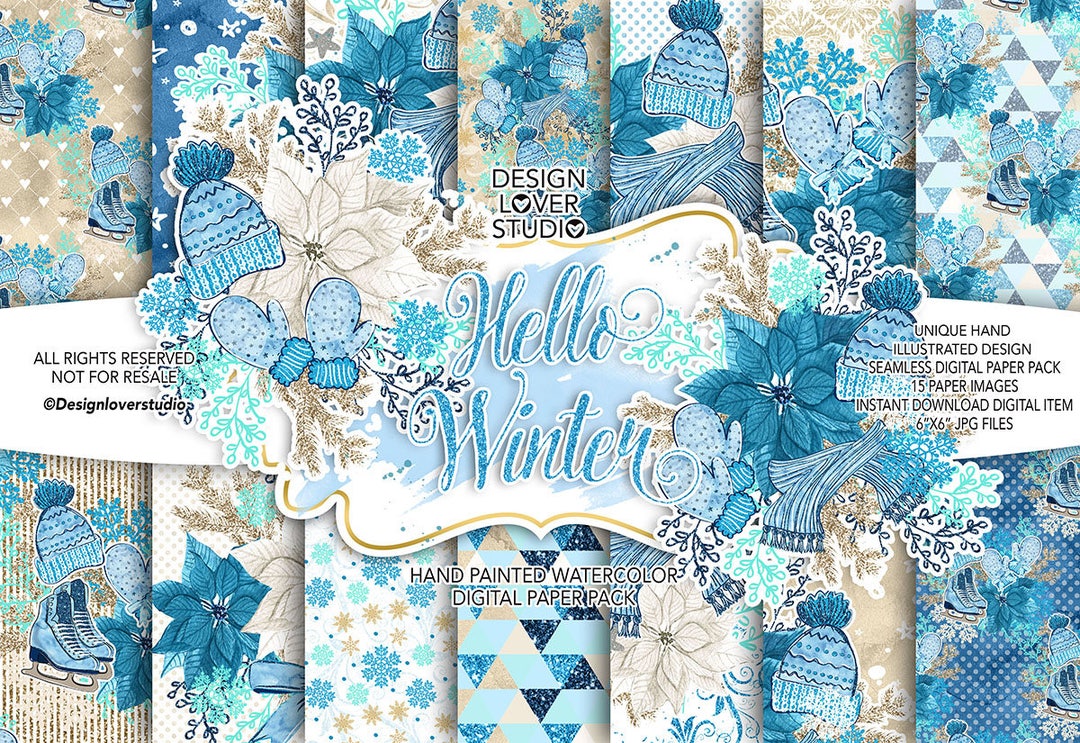Hello Winter Blue Christmas Hand Painted Digital Papers, Pine Branches ...