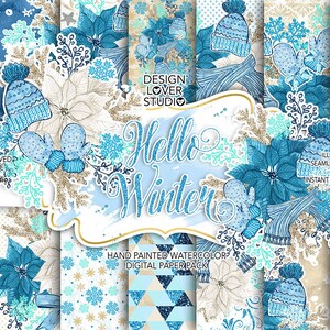 Hello Winter Blue Christmas Hand Painted Digital Papers, Pine Branches ...