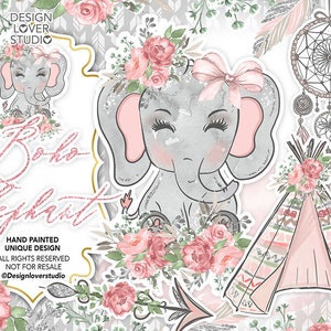 Boho Elephant Cute Design, Boho Watercolor Flower, Floral Clipart, Baby ...