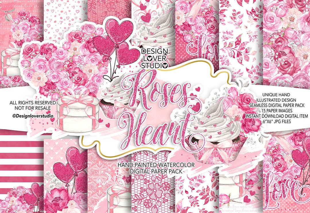 Roses Heart Valentine Design Digital Paper, Romantic Watercolor Digital ...