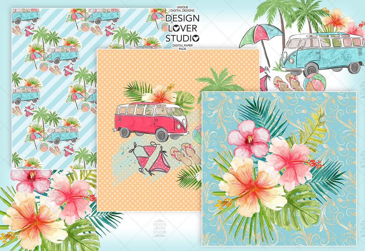 Go to the Beach Digital Paper Pack Summer Watercolor Flower - Etsy