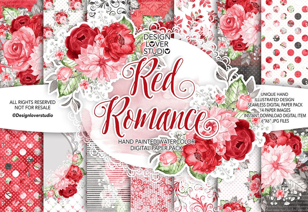 Watercolor RED ROMANCE Digital Paper Pack, Red Roses, Peony, Pink ...