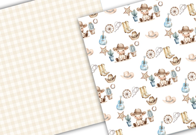 Watercolor Cute Cowboy Digital Paper Pack, Baby Cowboy PNG Bundle, Wild ...