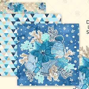 Hello Winter Blue Christmas Hand Painted Digital Papers, Pine Branches ...