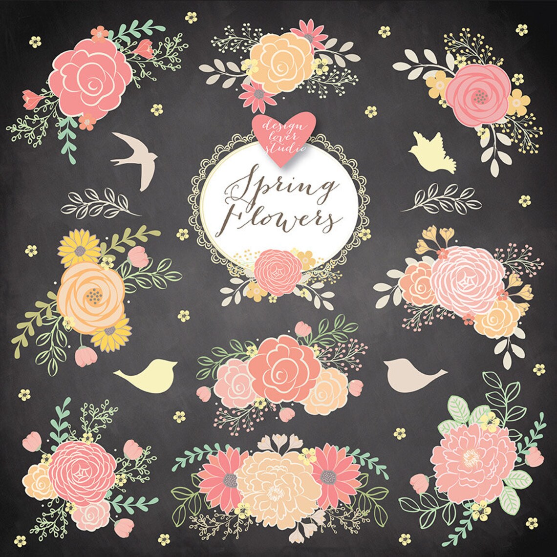 Premium Floral Clipart Spring Flower Clipart Pink Floral - Etsy