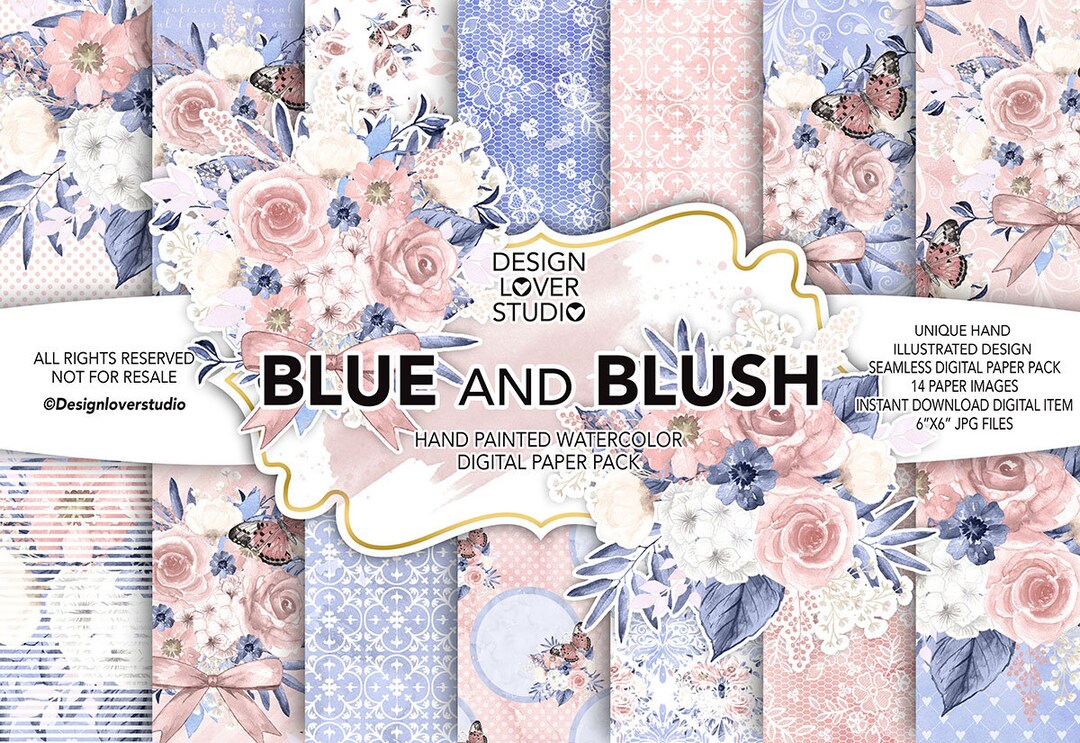 Watercolor BLUE and BLUSH Digital Paper Pack, Flower, Peonies, Bouquets ...