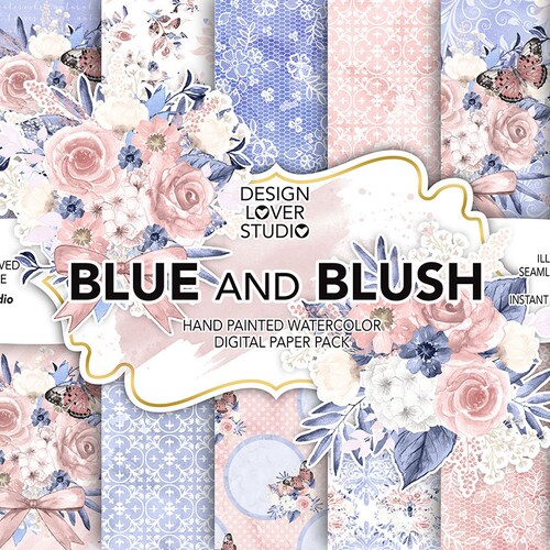 Watercolor BLUE FLOWERS Digital Paper Pack Roses Hydrangea - Etsy