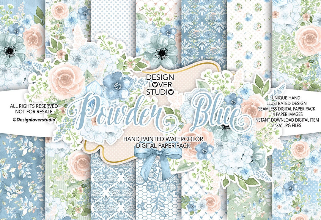Watercolor POWDER BLUE Digital Paper Pack, Bow, Hydrangea, Bird ...