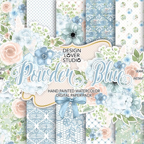 Watercolor POWDER BLUE Digital Paper Pack Bow Hydrangea - Etsy