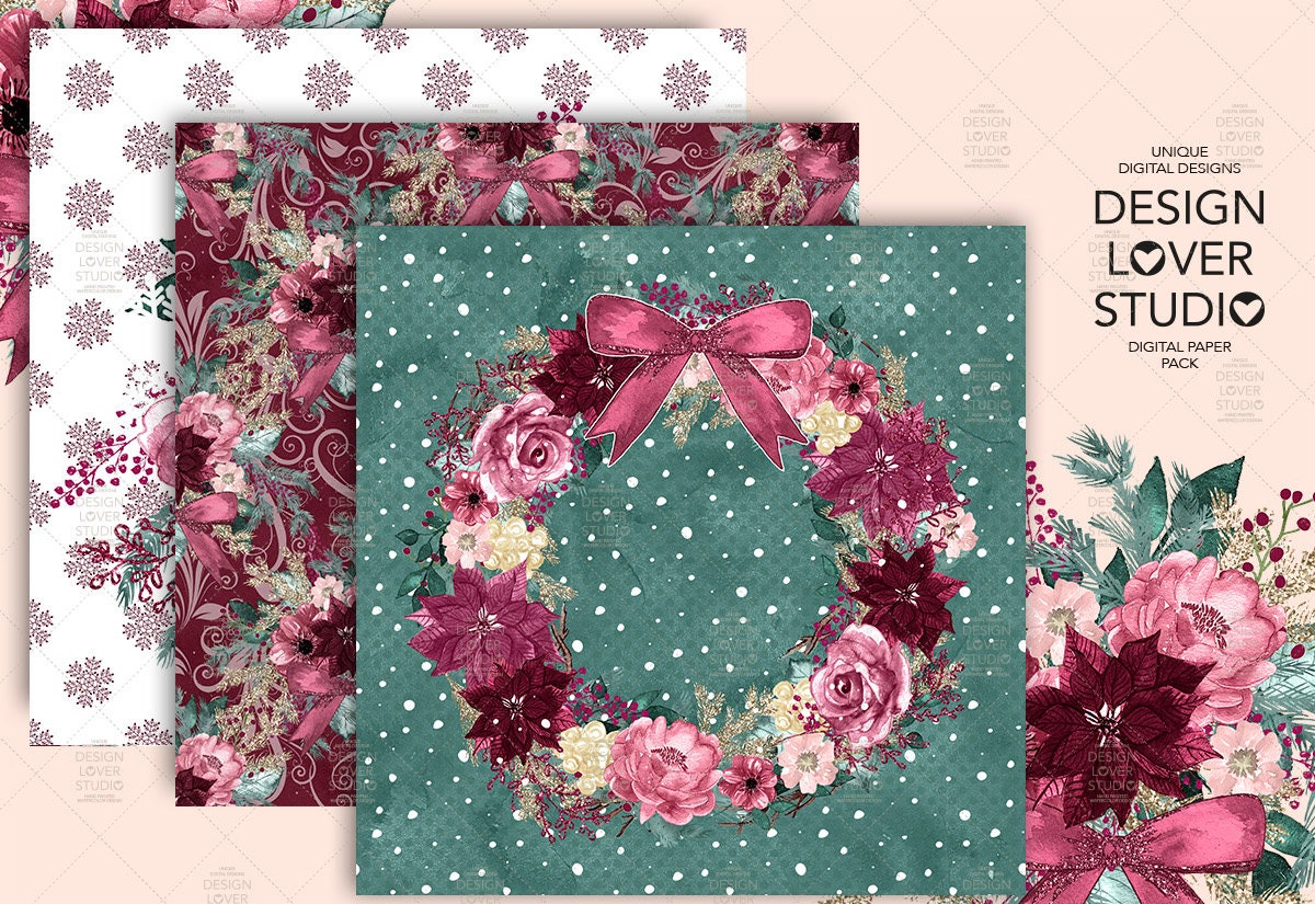 Burgundy Christmas Design Digital Paper Pack Christmas | Etsy