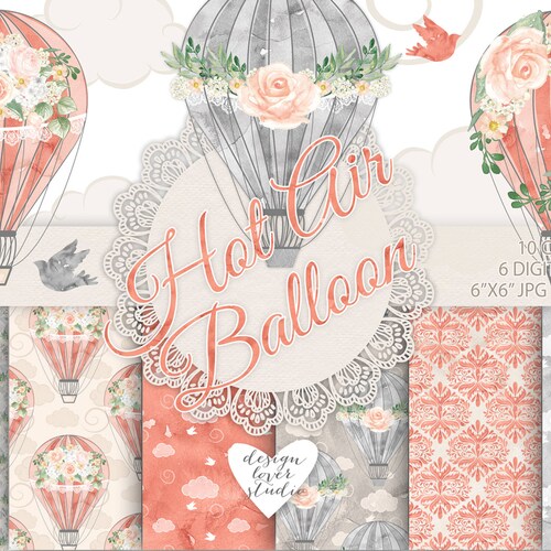 Watercolor Hot Air Balloon Flowers Digital Paper Balloon | Etsy