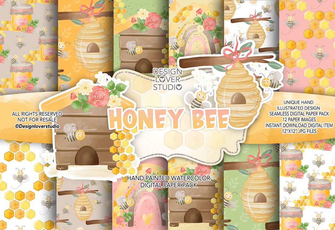 Watercolor Honey Bee Digital Paper Pack, Bee, Animal Pattern, Honey ...