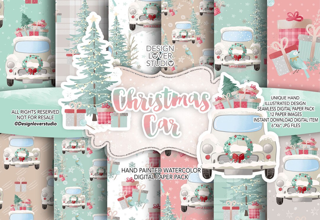 Christmas Rainbows Car Digital Paper Pack, Xmas Clipart, Cute Christmas ...