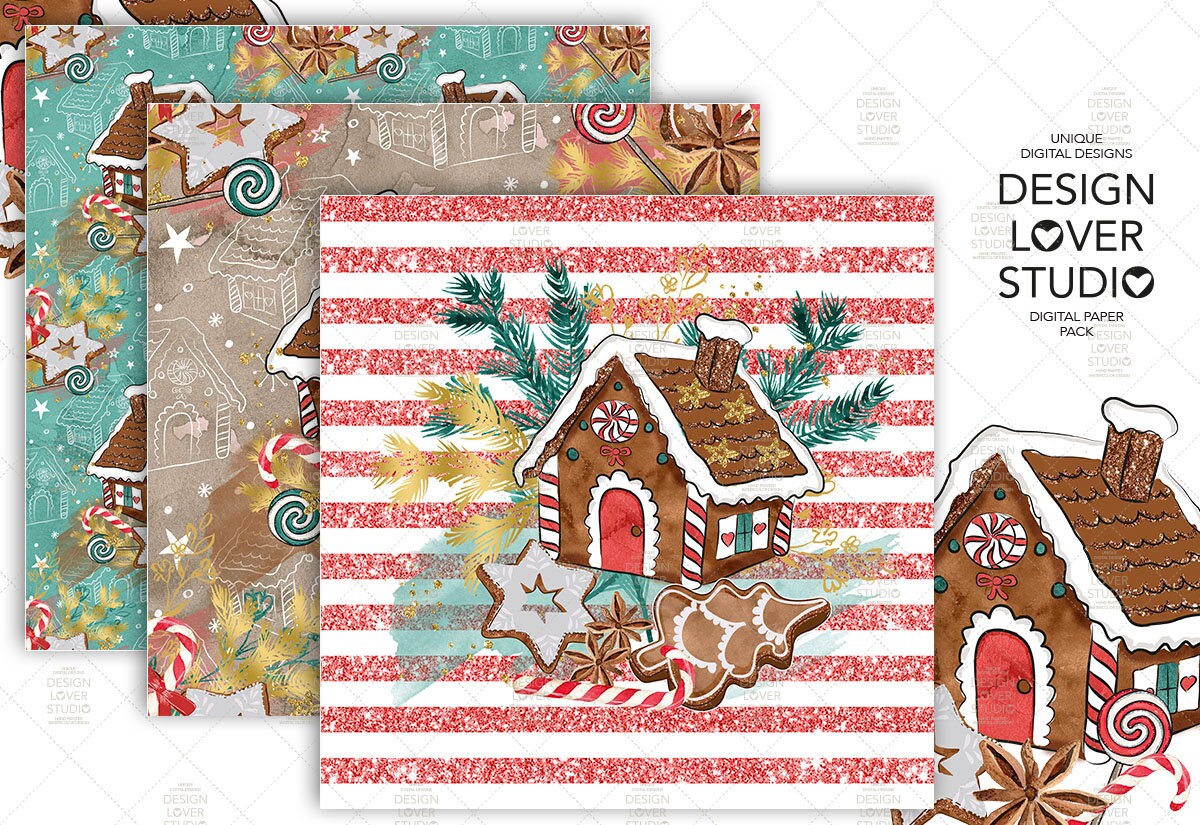 Gingerbread House Design Digital Paper Pack Christmas Flower | Etsy