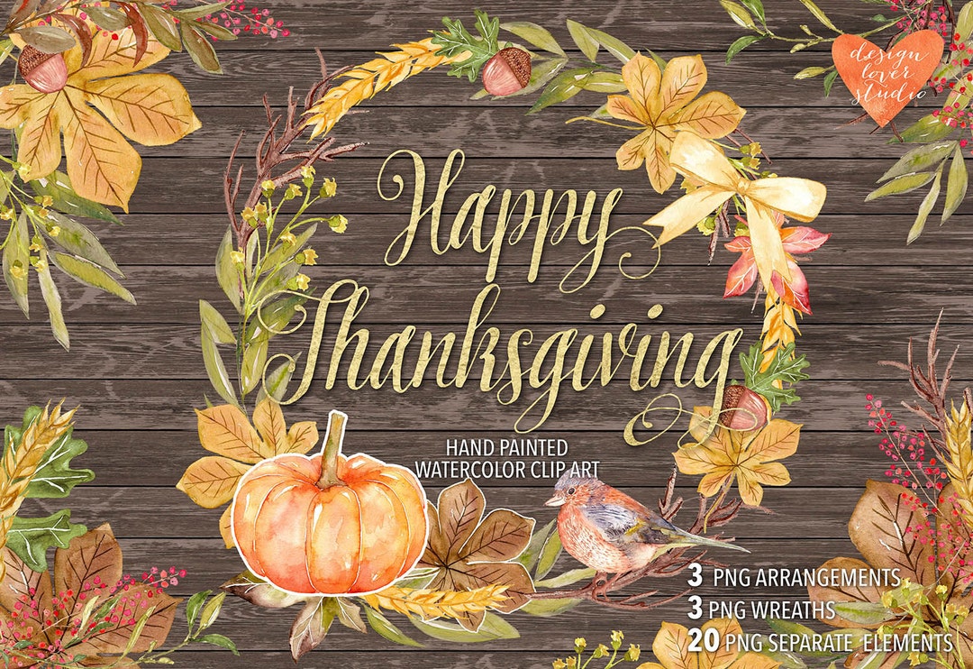 Watercolor "happy Thanksgiving" Clip Arts, Autumn Leaves, Fall ...