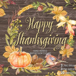 Watercolor "happy Thanksgiving" Clip Arts, Autumn Leaves, Fall ...