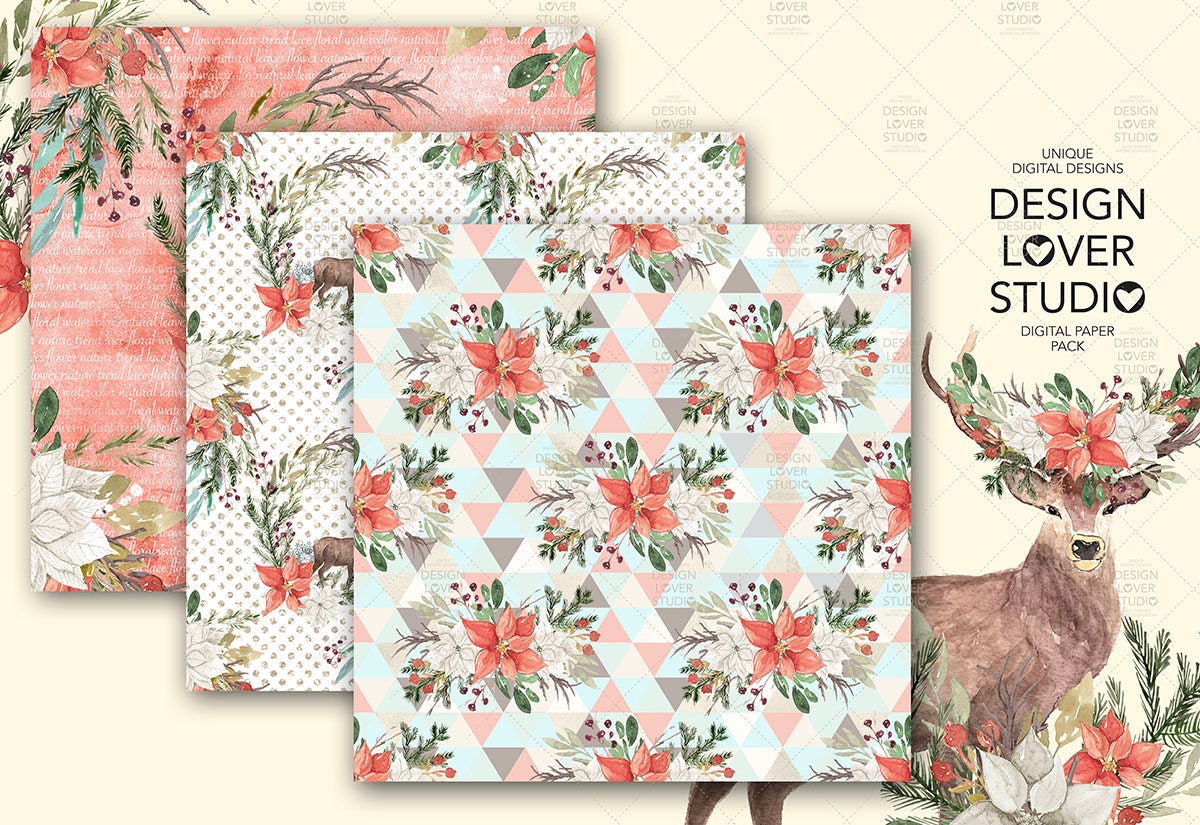 Winter Dreams Christmas Hand Painted Digital Papers Pine | Etsy