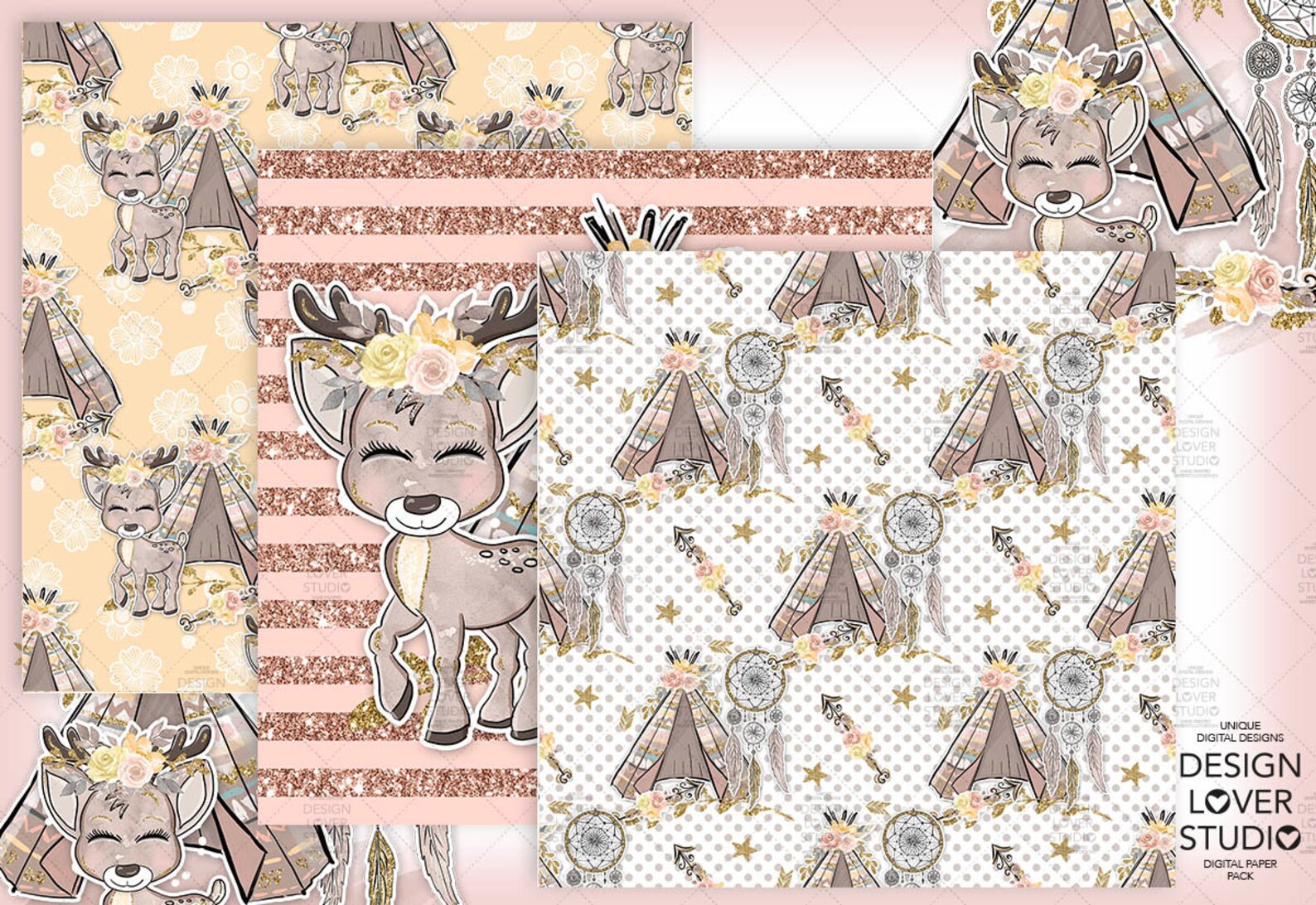 Boho Deer Cute Digital Paper Boho Watercolor Flower Floral - Etsy