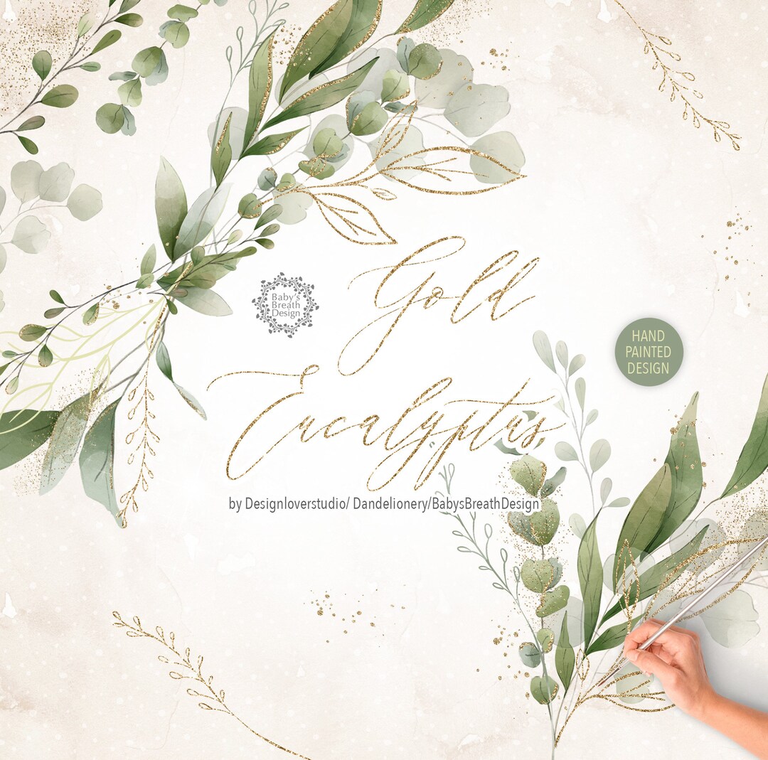 Greenery Clipart, Gold Glitter, Watercolor Eucalyptus Clipart, Gold ...