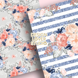 Watercolor Peach and Navy Digital Paper Pack, Spring Watercolor Flower ...